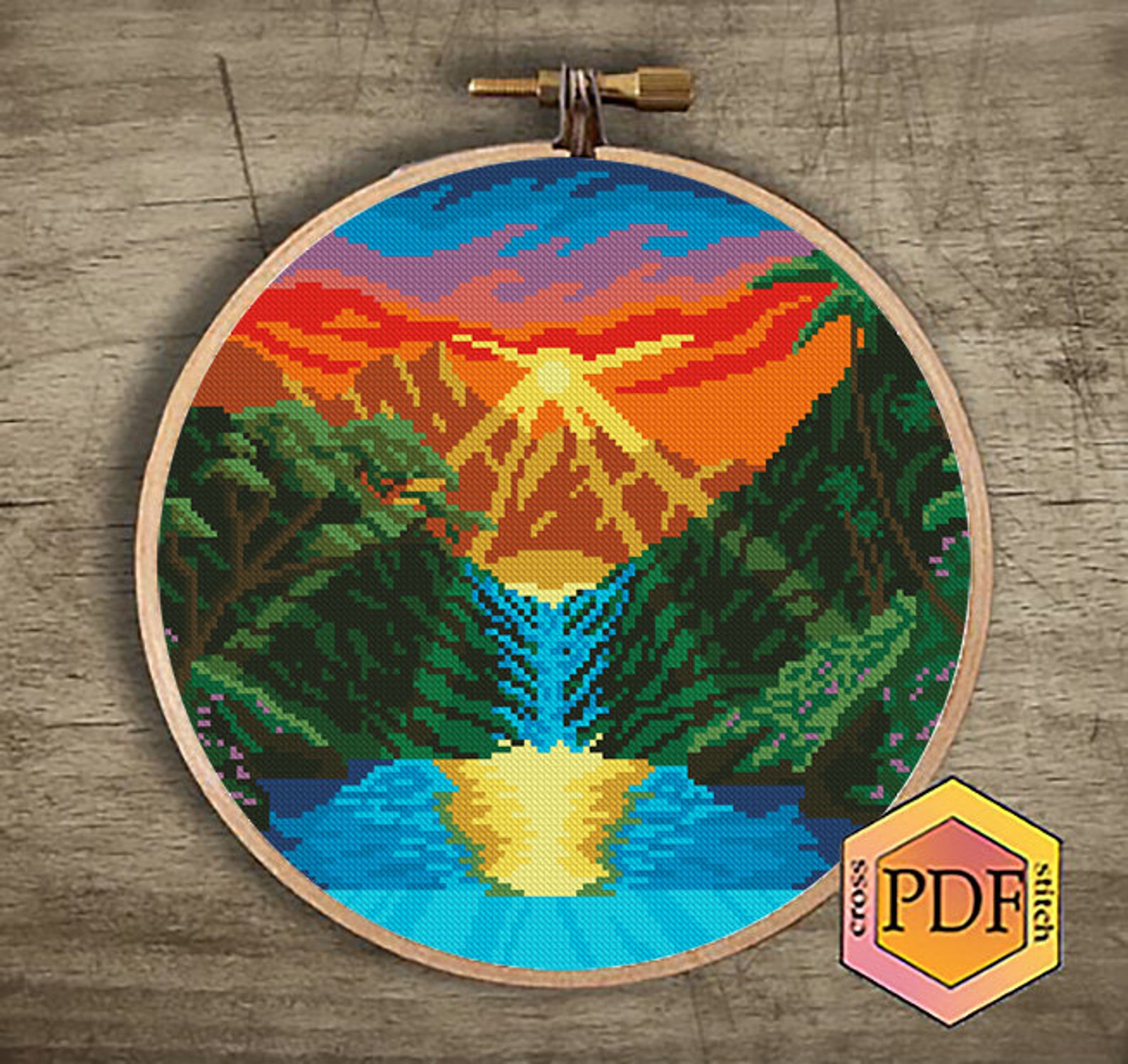 Waterfall Modern Cross Stitch Pattern PDF, Mountain Landscape Counted ...