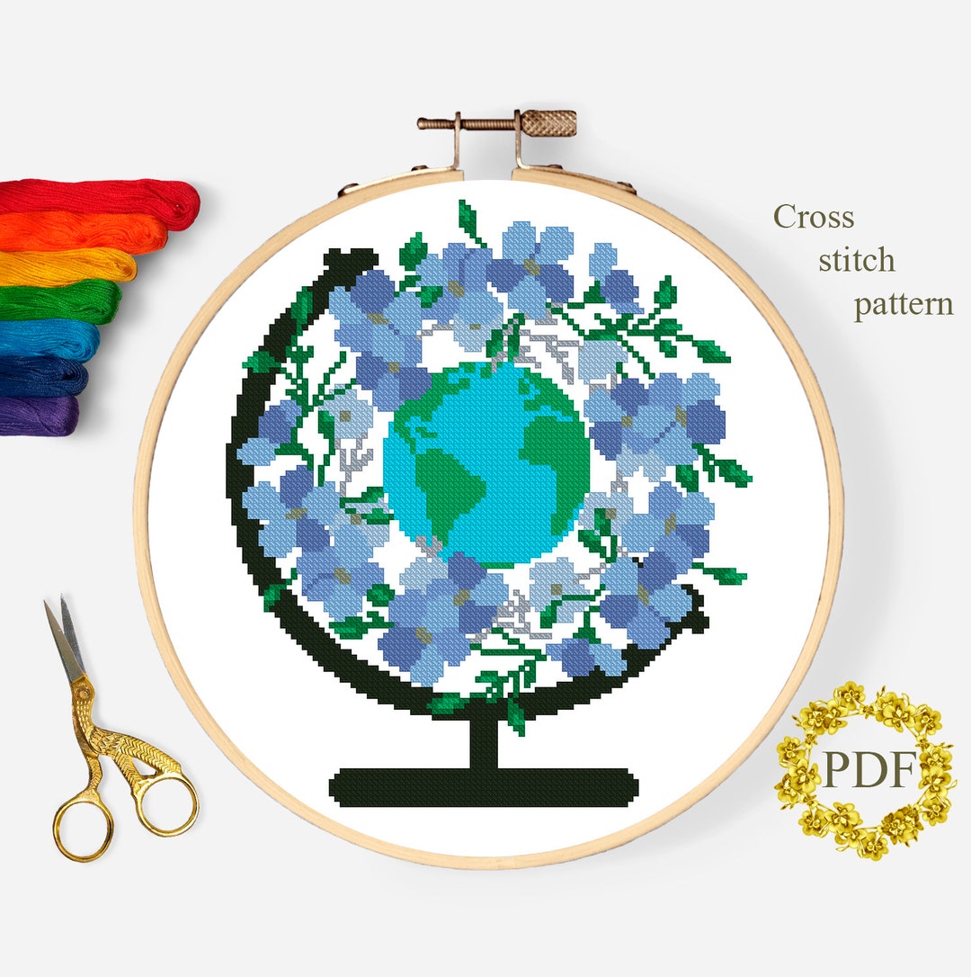 Planet Earth Modern Cross Stitch Pattern PDF, Floral Globe Counted ...