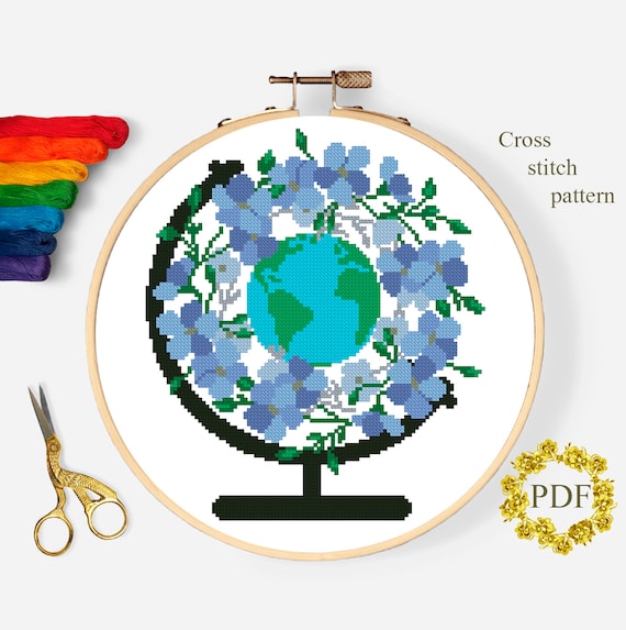 Planet Earth Modern Cross Stitch Pattern PDF Floral Globe | Etsy