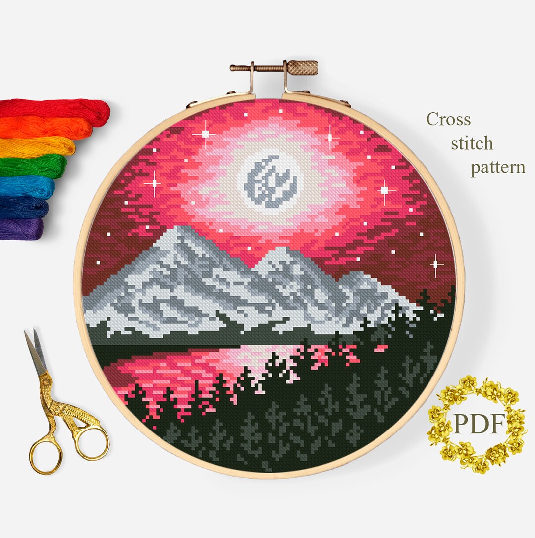 Mountain Landscape Modern Cross Stitch Pattern PDF, Starry Sky Counted ...
