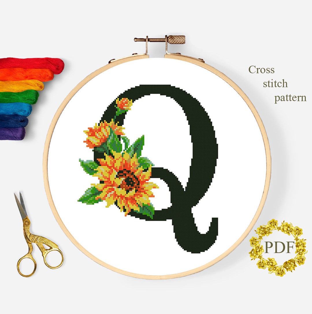Letter Q Modern Cross Stitch Pattern PDF Monogram Floral - Etsy