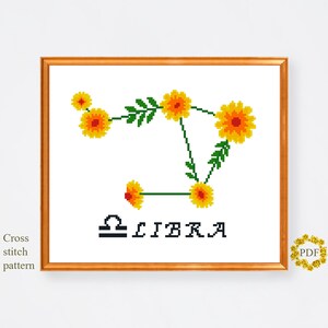 Libra Modern Cross Stitch Pattern PDF, Floral Zodiac Sign Counted Cross ...