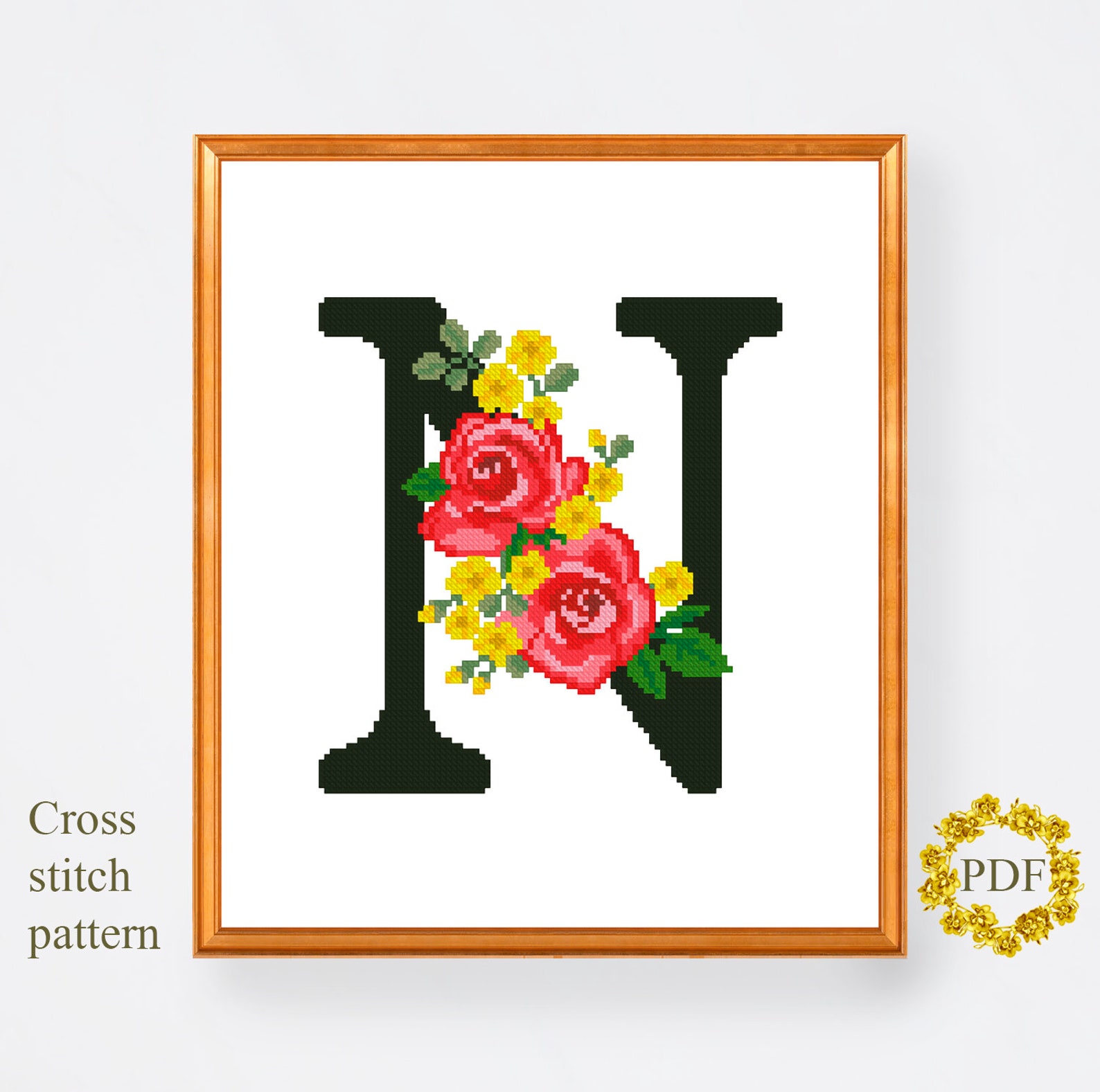 Letter N Modern Cross Stitch Pattern PDF, Monogram Floral Counted Cross ...