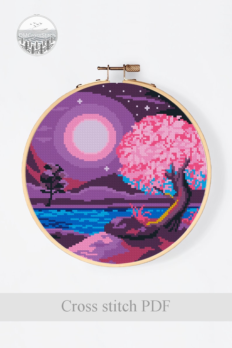 Tree Sakura Modern Cross Stitch Pattern PDF, Landscape Counted Cross ...