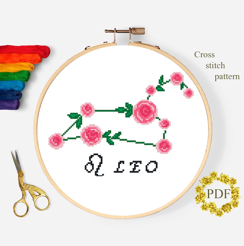 Floral Leo Modern Cross Stitch Pattern PDF Zodiac Sign | Etsy