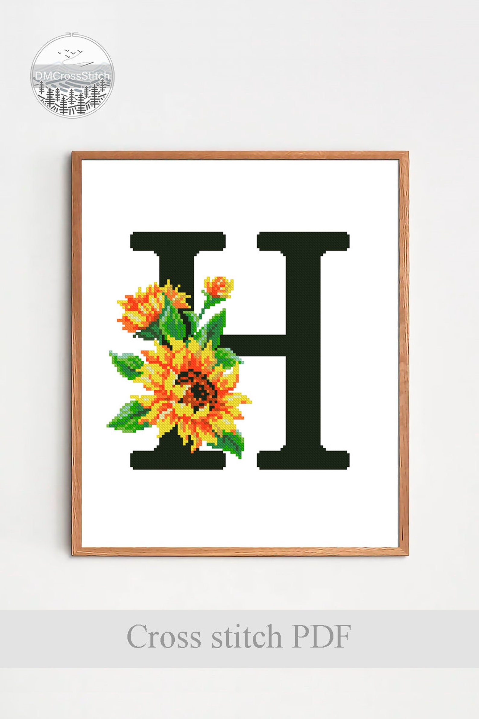 Letter H Modern Cross Stitch Pattern PDF, Monogram Floral Counted Cross ...