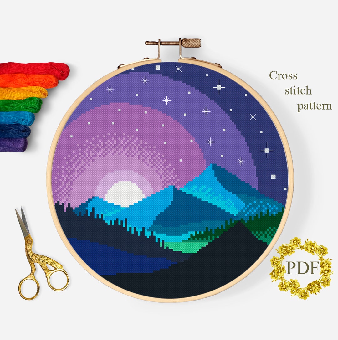 Mountain Landscape Modern Cross Stitch Pattern PDF, Starry Sky Counted ...