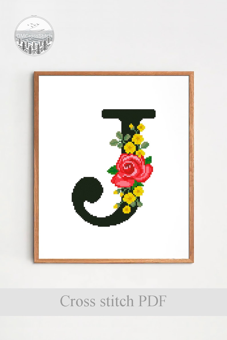 Letter J Modern Cross Stitch Pattern PDF, Monogram Floral Counted Cross ...