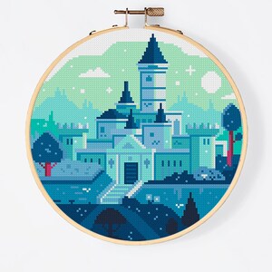 Castle Modern Cross Stitch Pattern PDF, Blue Landscape Counted Cross ...