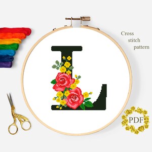 Letter L Modern Cross Stitch Pattern PDF, Monogram Floral Counted Cross ...