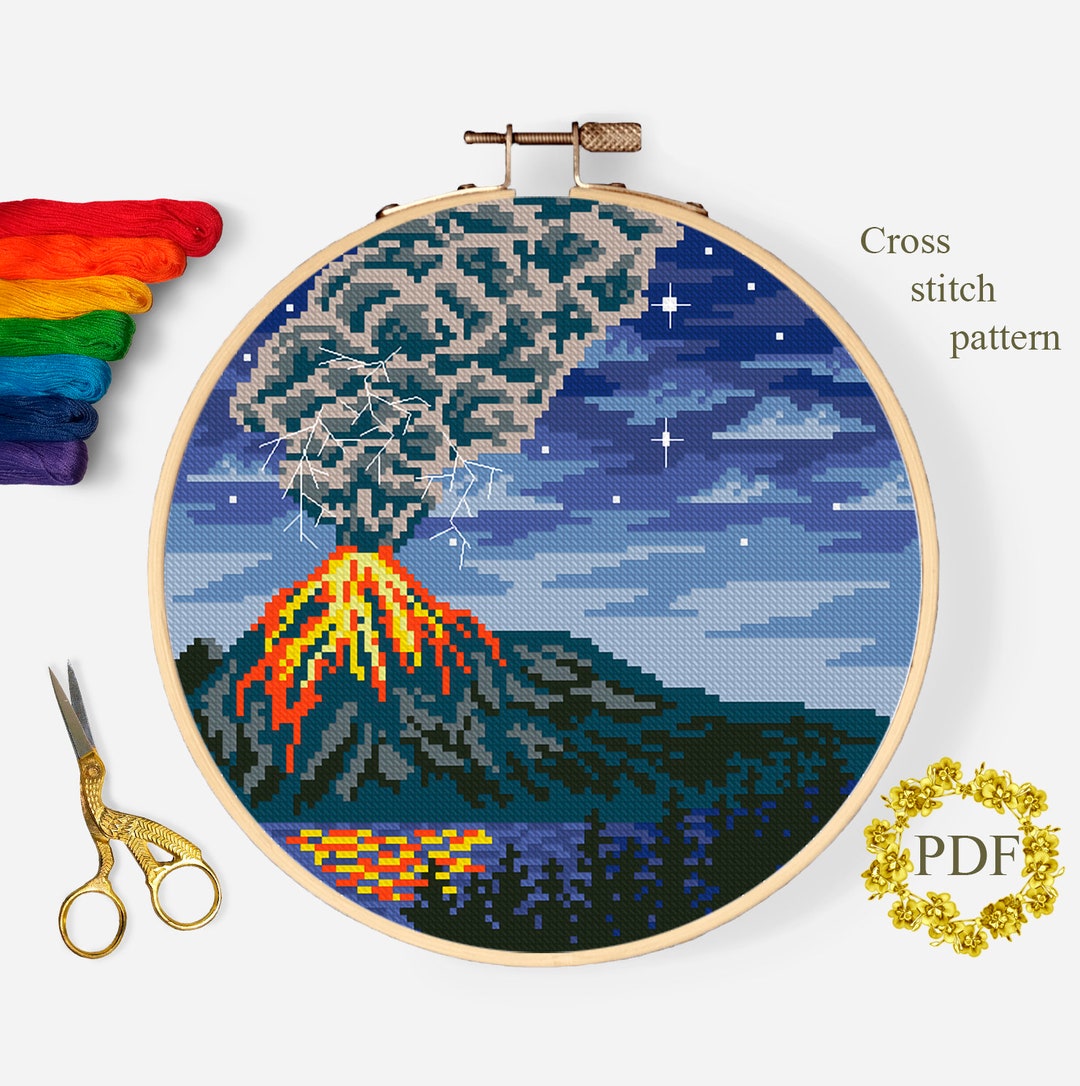 Volcano Eruption Modern Cross Stitch Pattern PDF, Mountain Landscape ...
