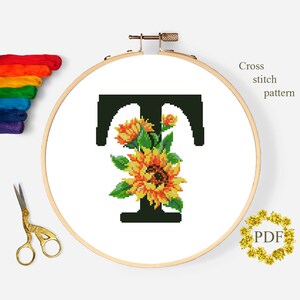 Letter T Modern Cross Stitch Pattern PDF, Monogram Floral Counted Cross ...
