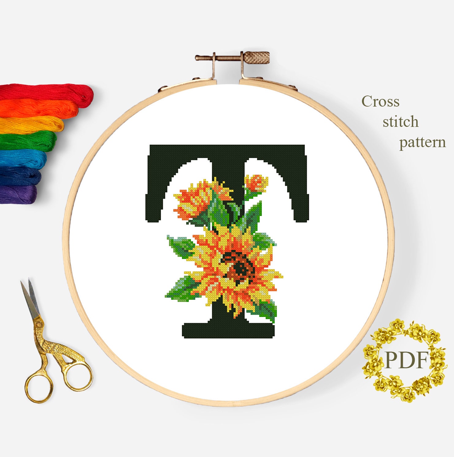 Letter T Modern Cross Stitch Pattern PDF Monogram Floral - Etsy
