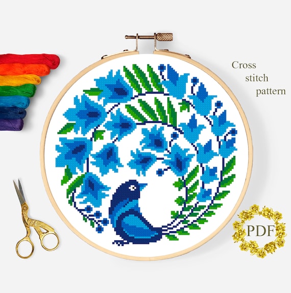 Bird Modern Cross Stitch Pattern PDF Blue Flowers Counted | Etsy