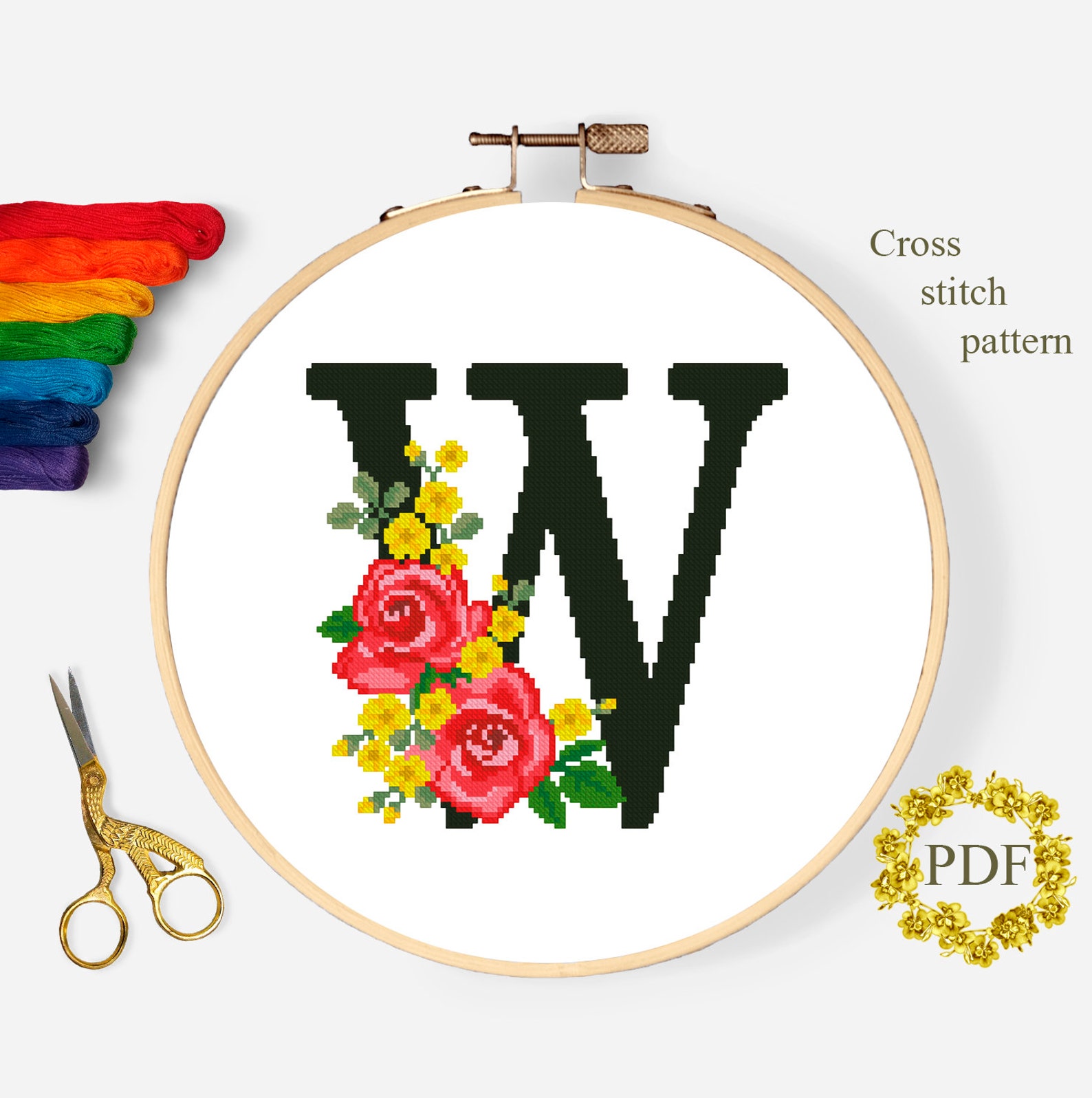 Letter W Modern Cross Stitch Pattern PDF, Monogram Floral Counted Cross ...