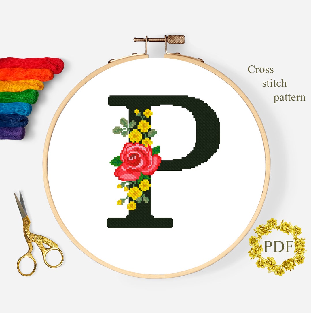 Letter P Modern Cross Stitch Pattern PDF, Monogram Floral Counted Cross ...