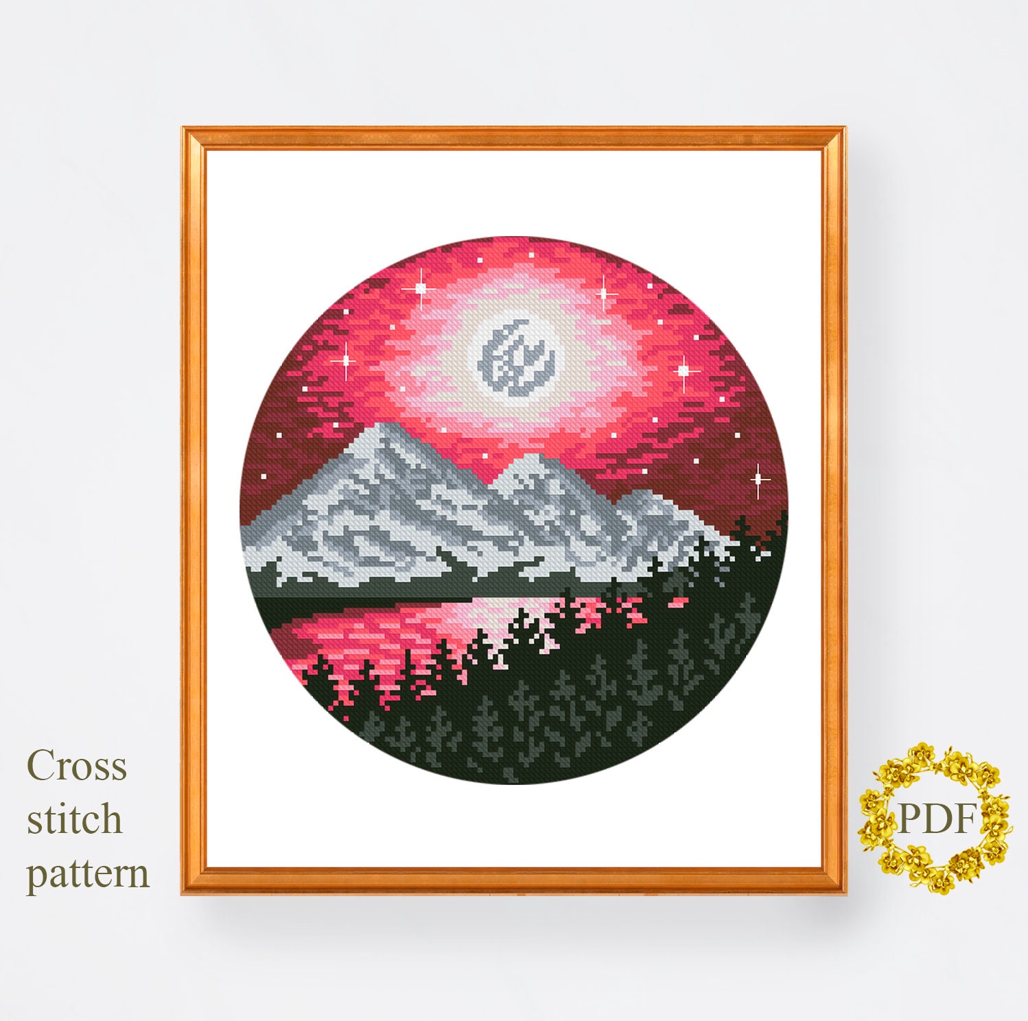 Mountain Landscape Modern Cross Stitch Pattern PDF Moon | Etsy