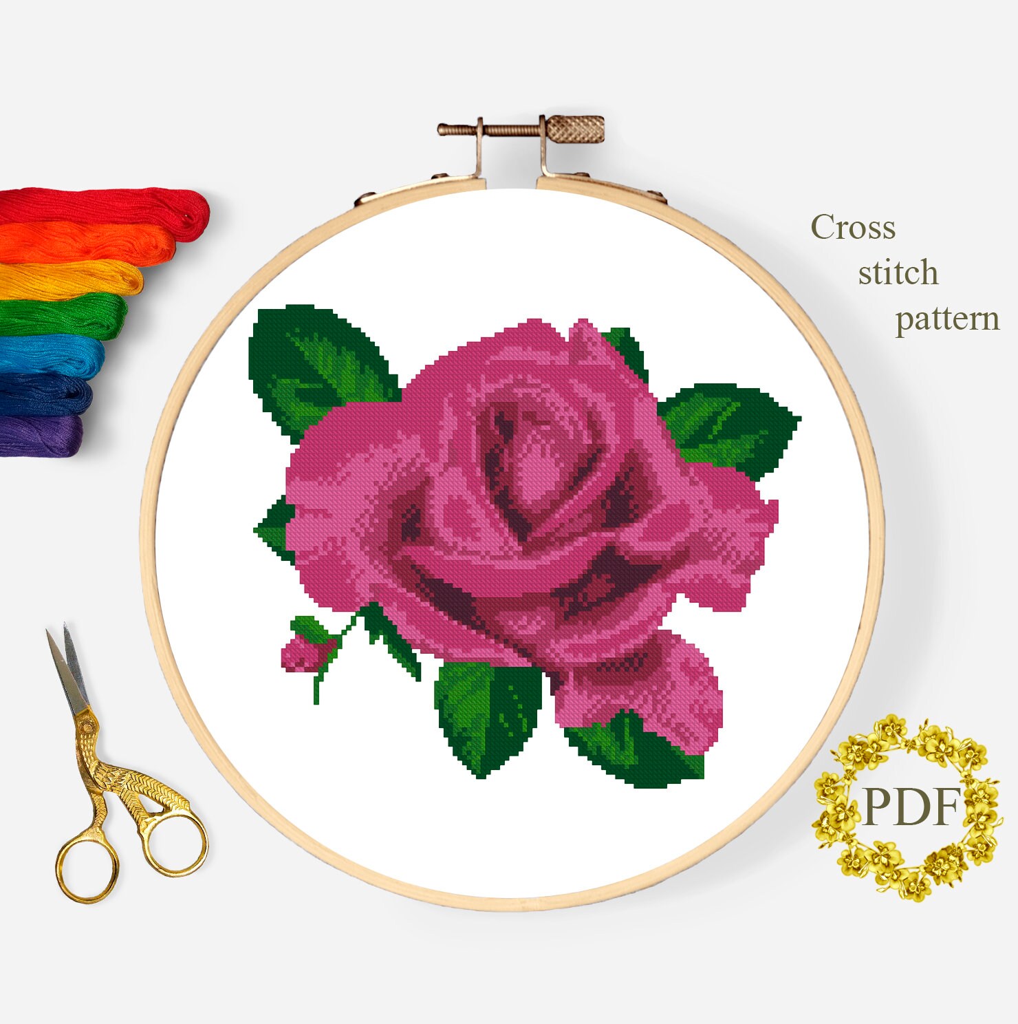Pink Rose Modern Cross Stitch Pattern PDF Watercolor Flower | Etsy