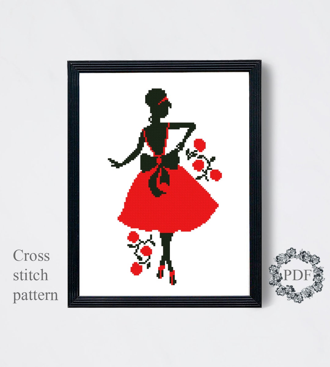 Red Dress Modern Cross Stitch Pattern PDF, Girl Counted Cross Stitch ...