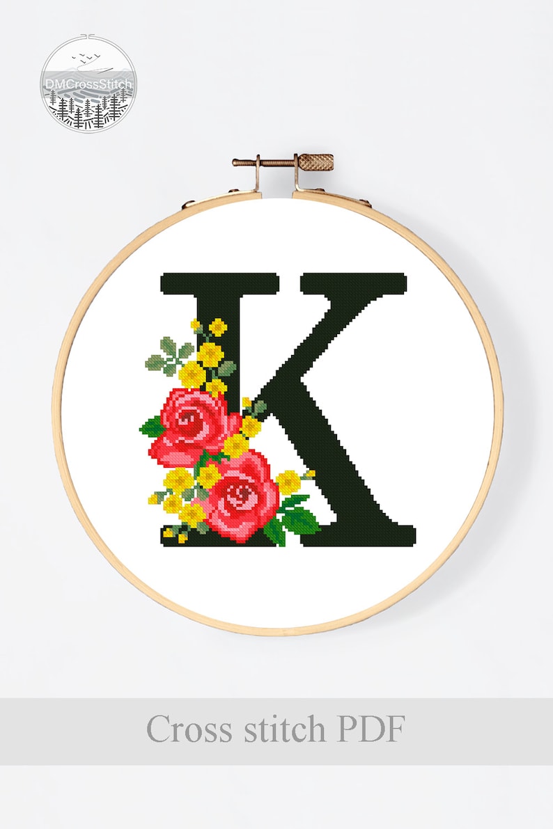Letter K Modern Cross Stitch Pattern PDF Monogram Floral - Etsy