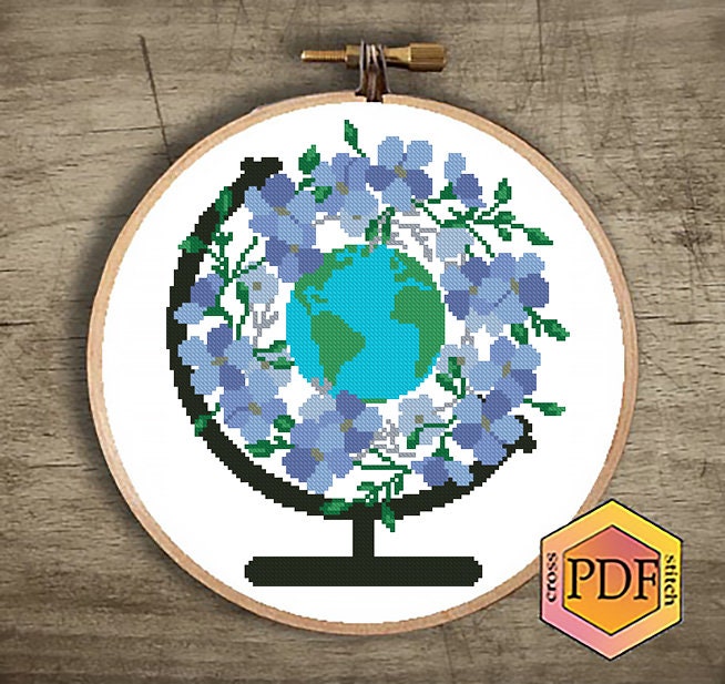 Planet Earth Modern Cross Stitch Pattern PDF Floral Globe - Etsy