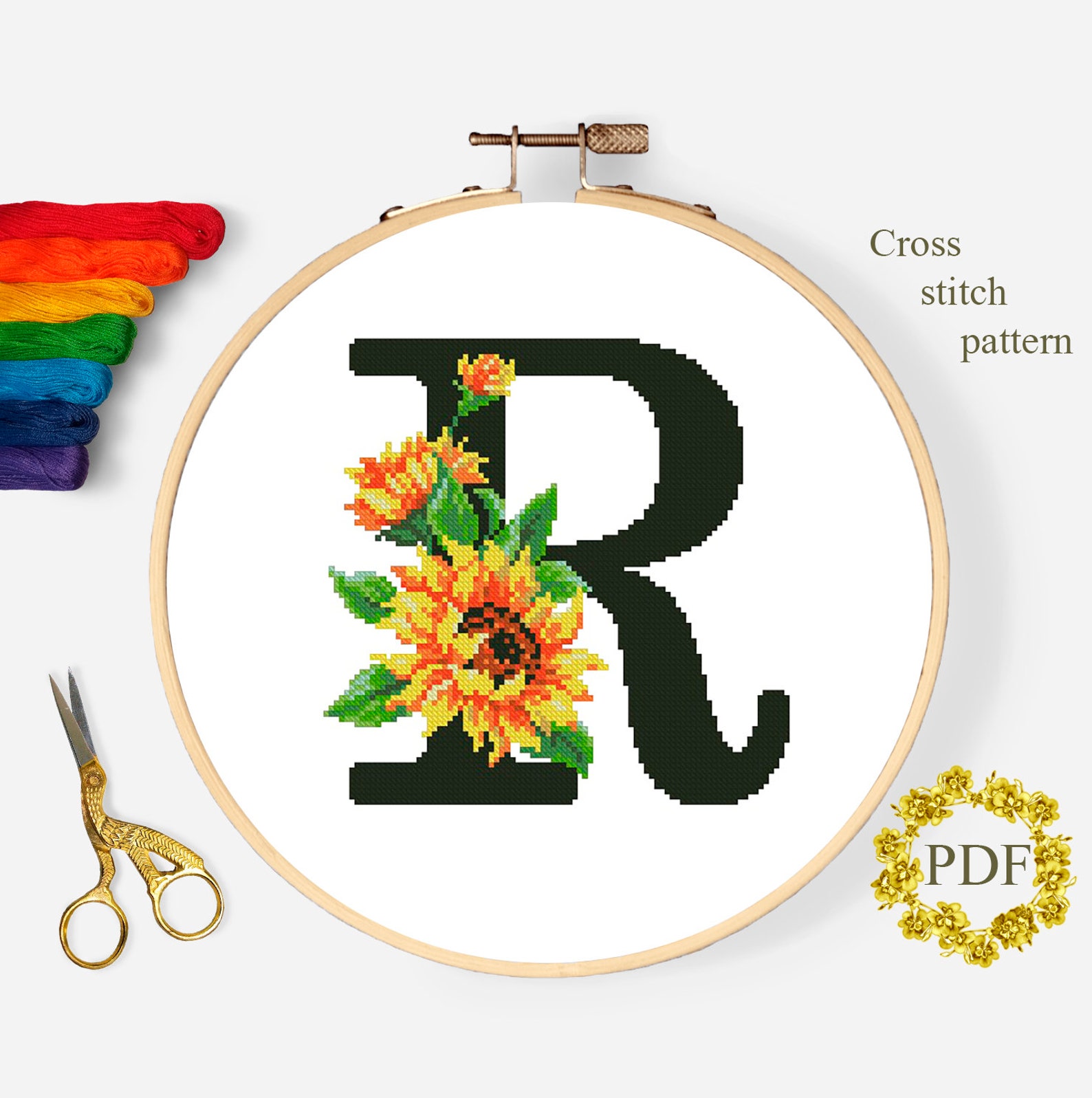 Letter R Modern Cross Stitch Pattern PDF Monogram Floral - Etsy