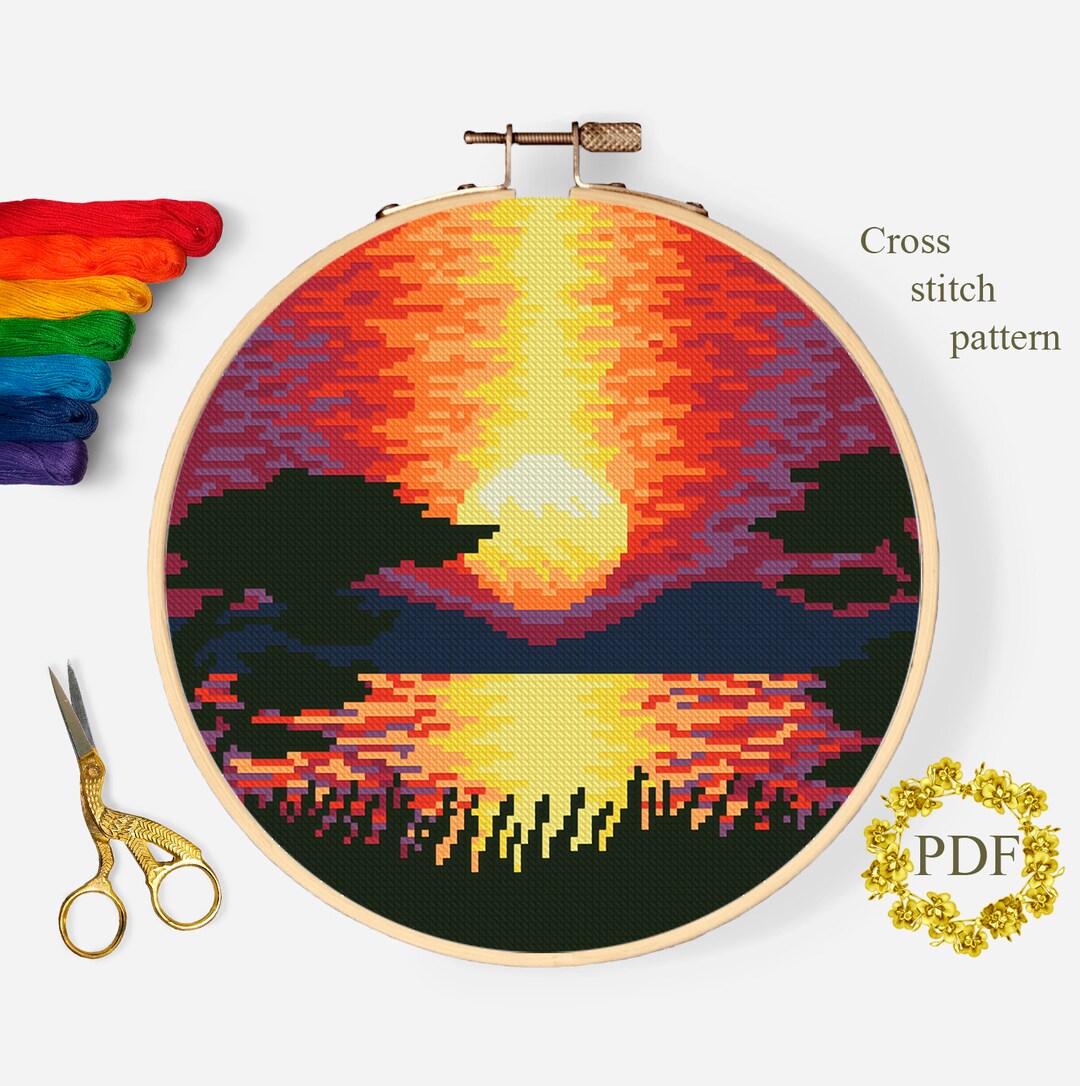 River at Sunset Modern Cross Stitch Pattern PDF, Landscape Counted ...