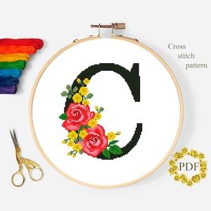 Letter C Modern Cross Stitch Pattern PDF, Monogram Floral Counted Cross ...