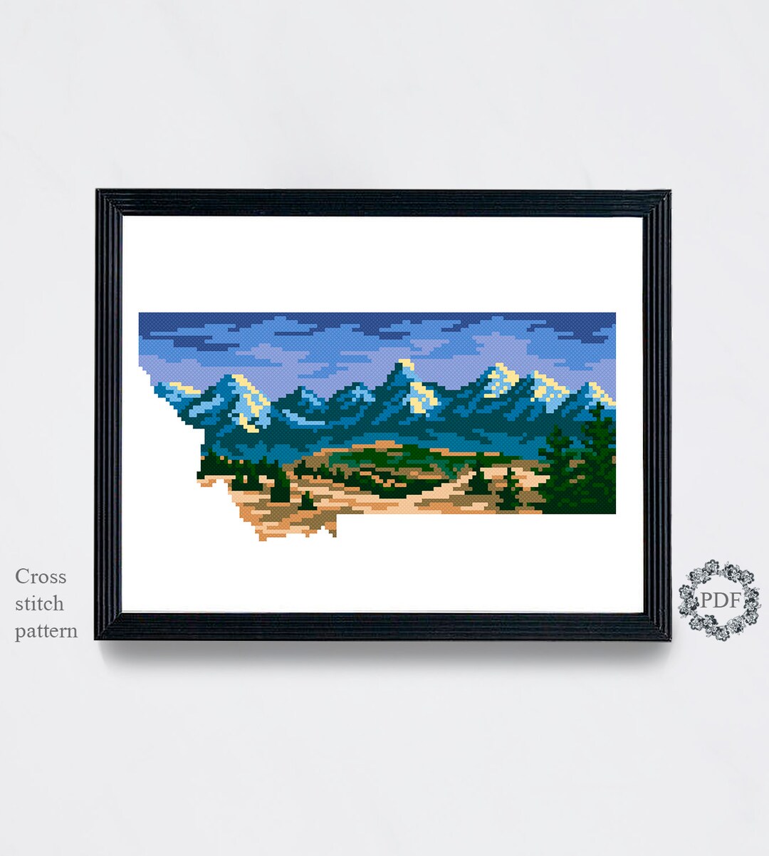 Montana State Map Modern Cross Stitch Pattern PDF, Landscape Counted ...