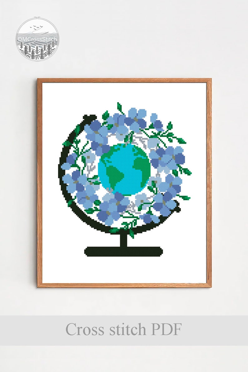 Planet Earth Modern Cross Stitch Pattern PDF, Floral Globe Counted ...