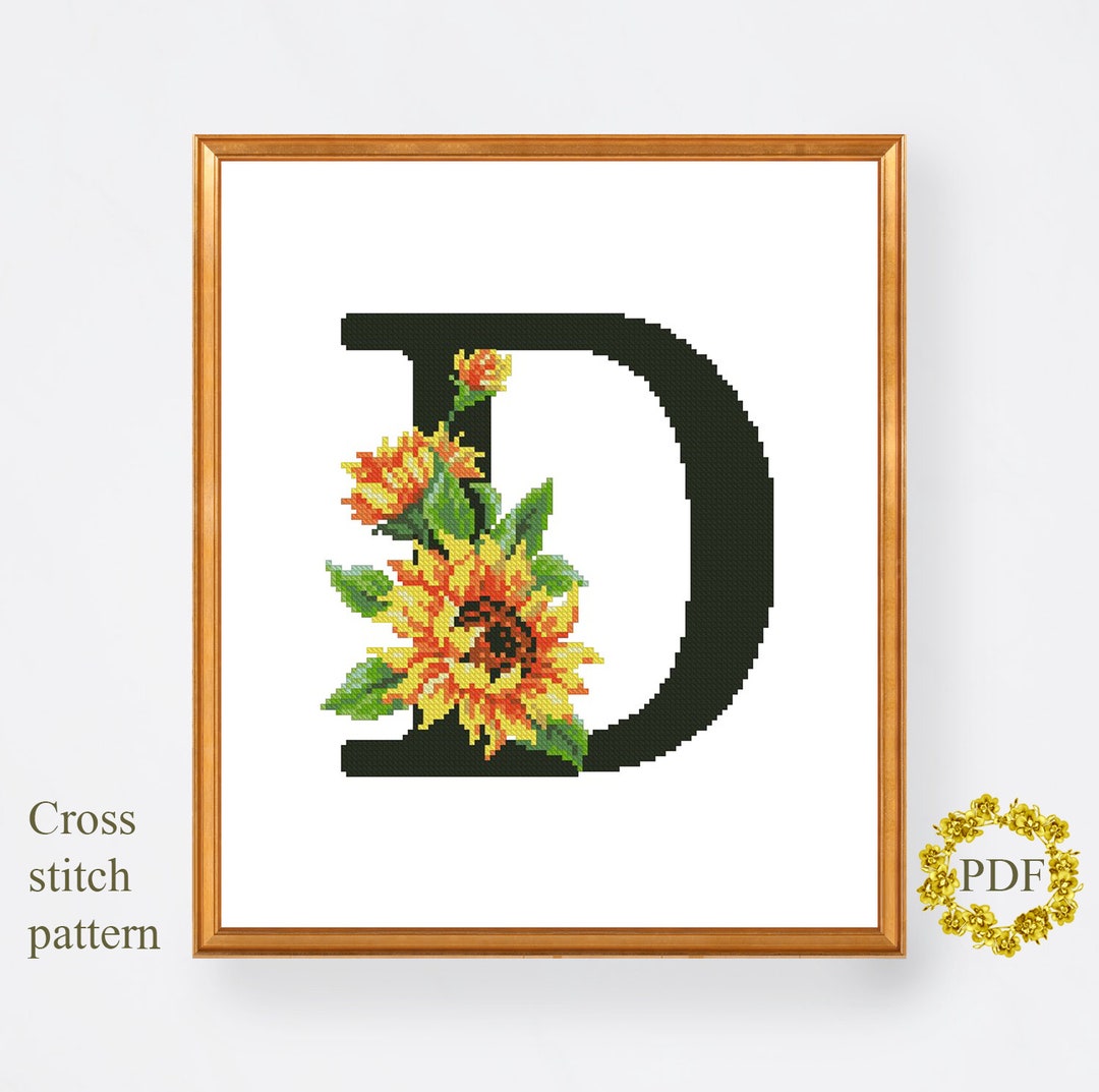 Letter D Modern Cross Stitch Pattern PDF, Monogram Floral Counted Cross ...