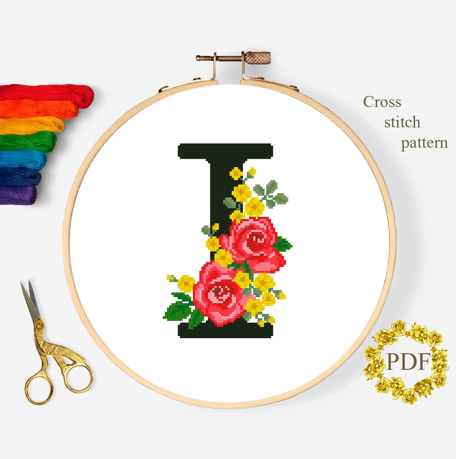 Letter I Modern Cross Stitch Pattern PDF Monogram Floral | Etsy