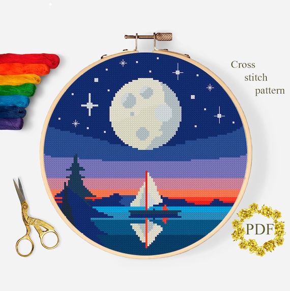 Landscape Modern Cross Stitch Pattern PDF Boat on River | Etsy