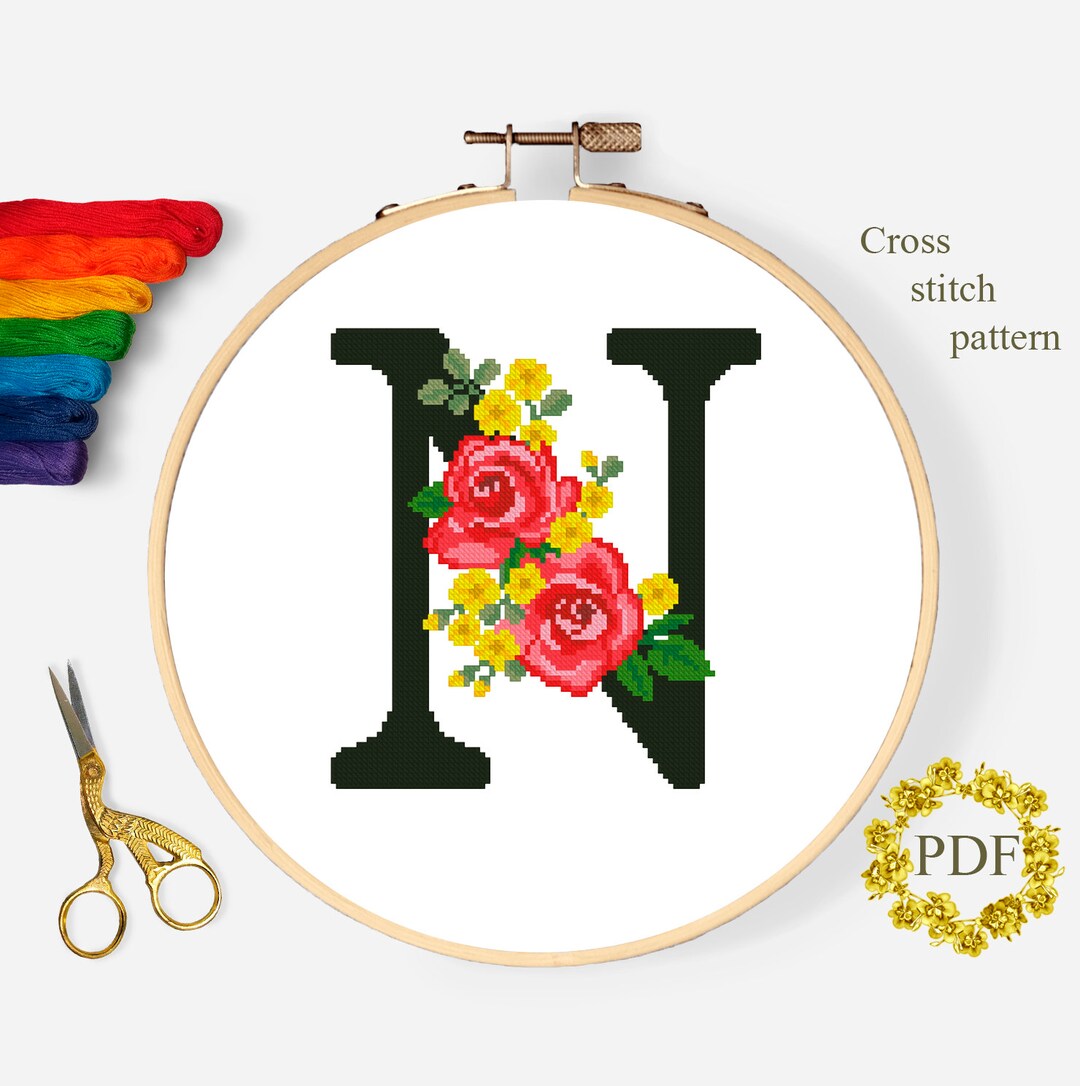 Letter N Modern Cross Stitch Pattern PDF, Monogram Floral Counted Cross ...