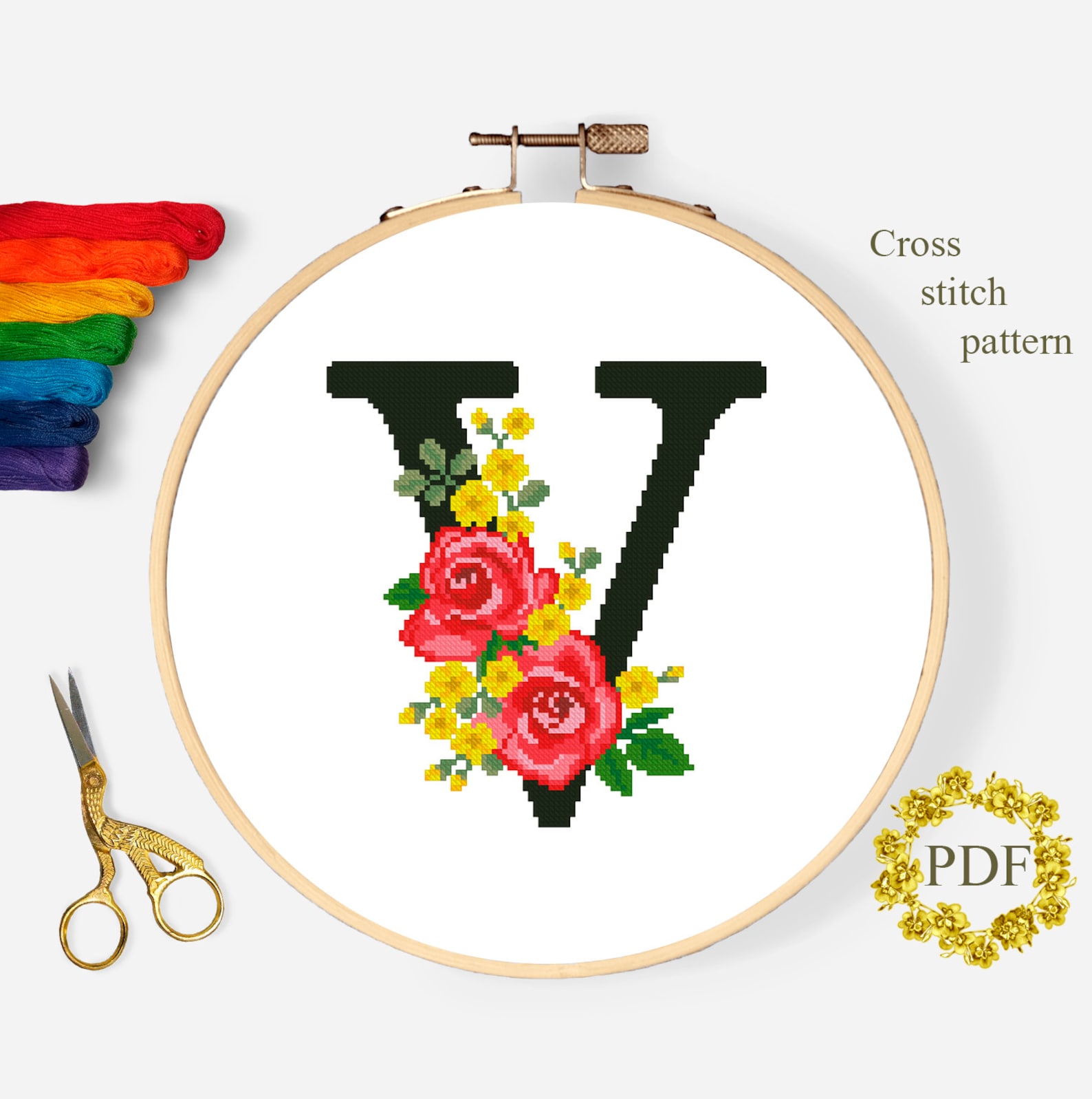 Letter V Modern Cross Stitch Pattern PDF Monogram Floral - Etsy