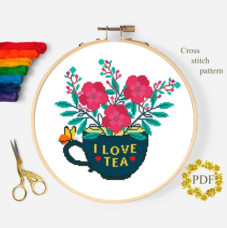 Love Tea Cup Modern Cross Stitch Pattern PDF Flowers Counted - Etsy