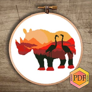 Rhino Modern Cross Stitch Pattern PDF, Africa Landscape Counted Cross ...