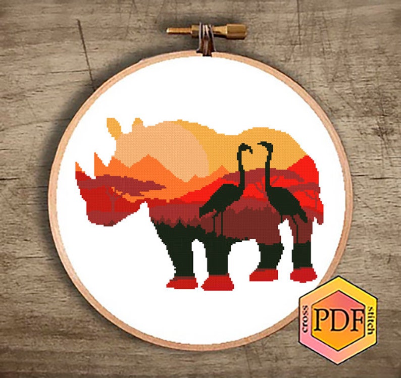 Rhino Modern Cross Stitch Pattern PDF, Africa Landscape Counted Cross ...