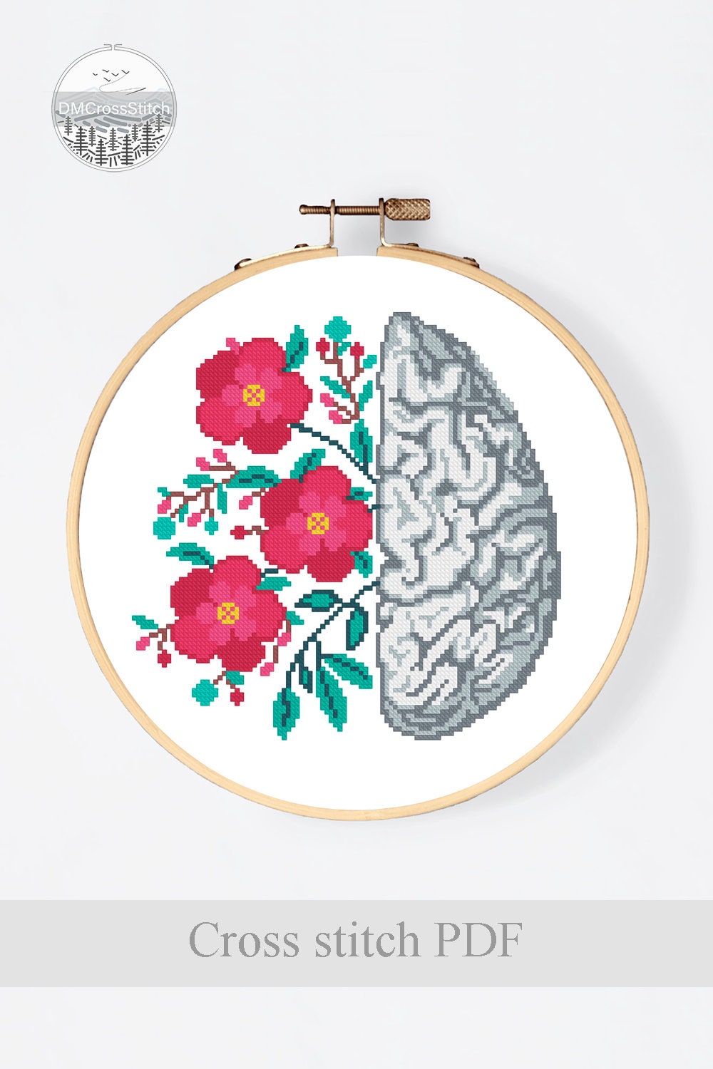 Human Brain Modern Cross Stitch Pattern PDF Anatomical Floral | Etsy