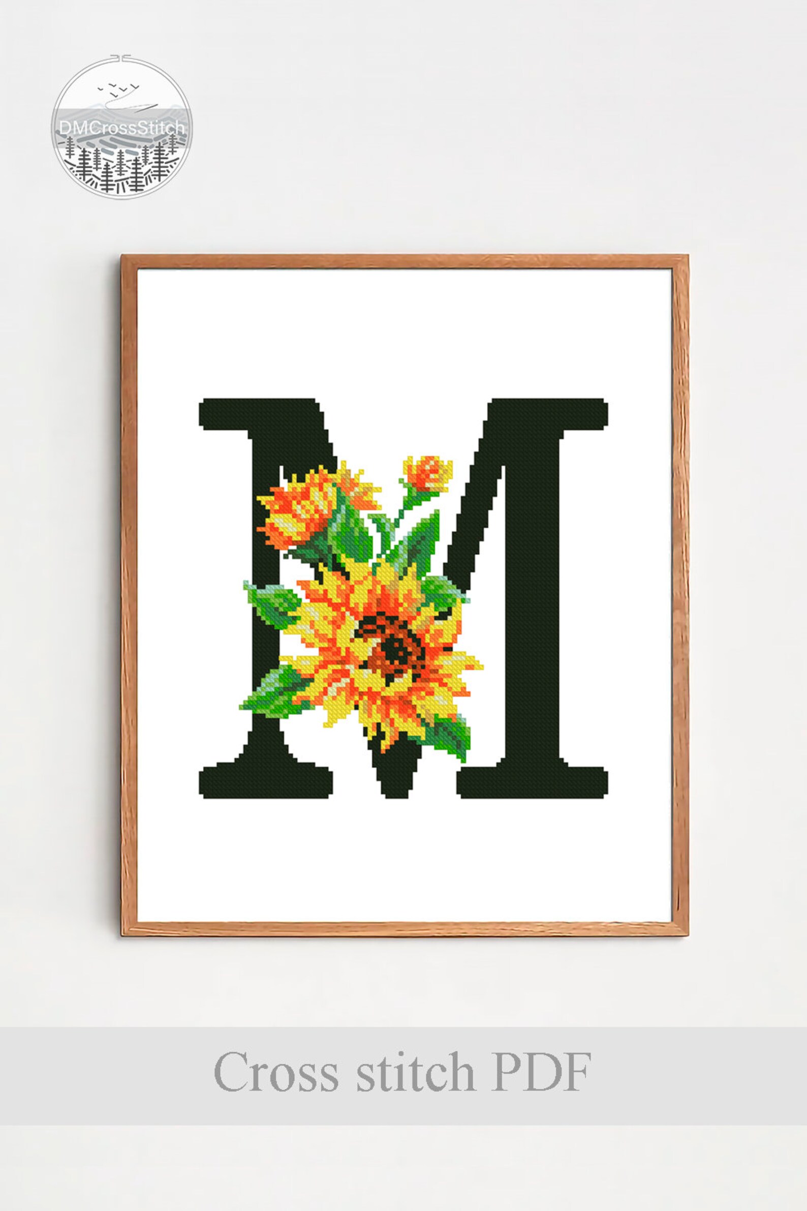 Letter M Modern Cross Stitch Pattern PDF, Monogram Floral Counted Cross ...