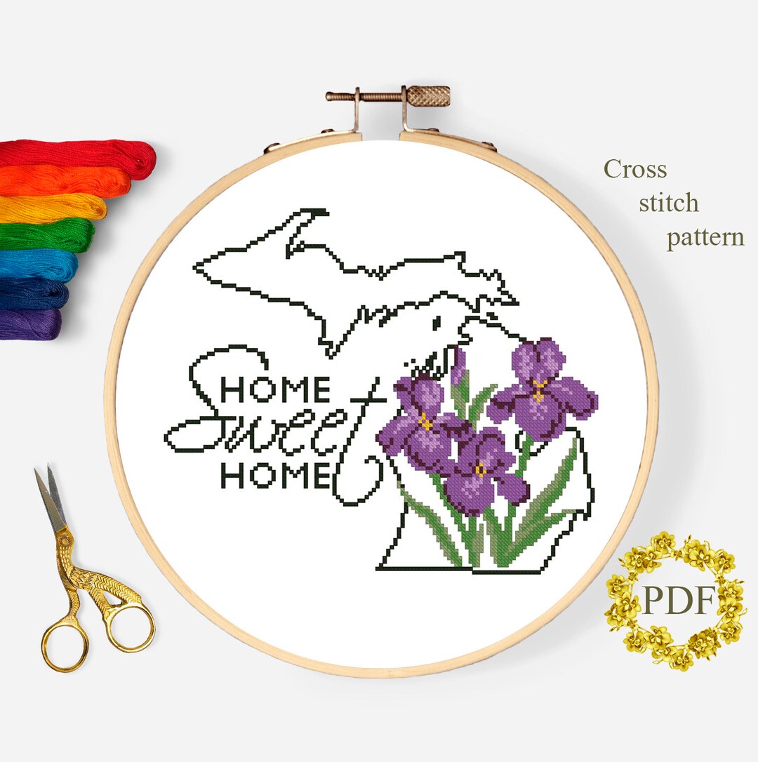 Michigan State Flower Modern Cross Stitch Pattern PDF, USA Map Counted ...