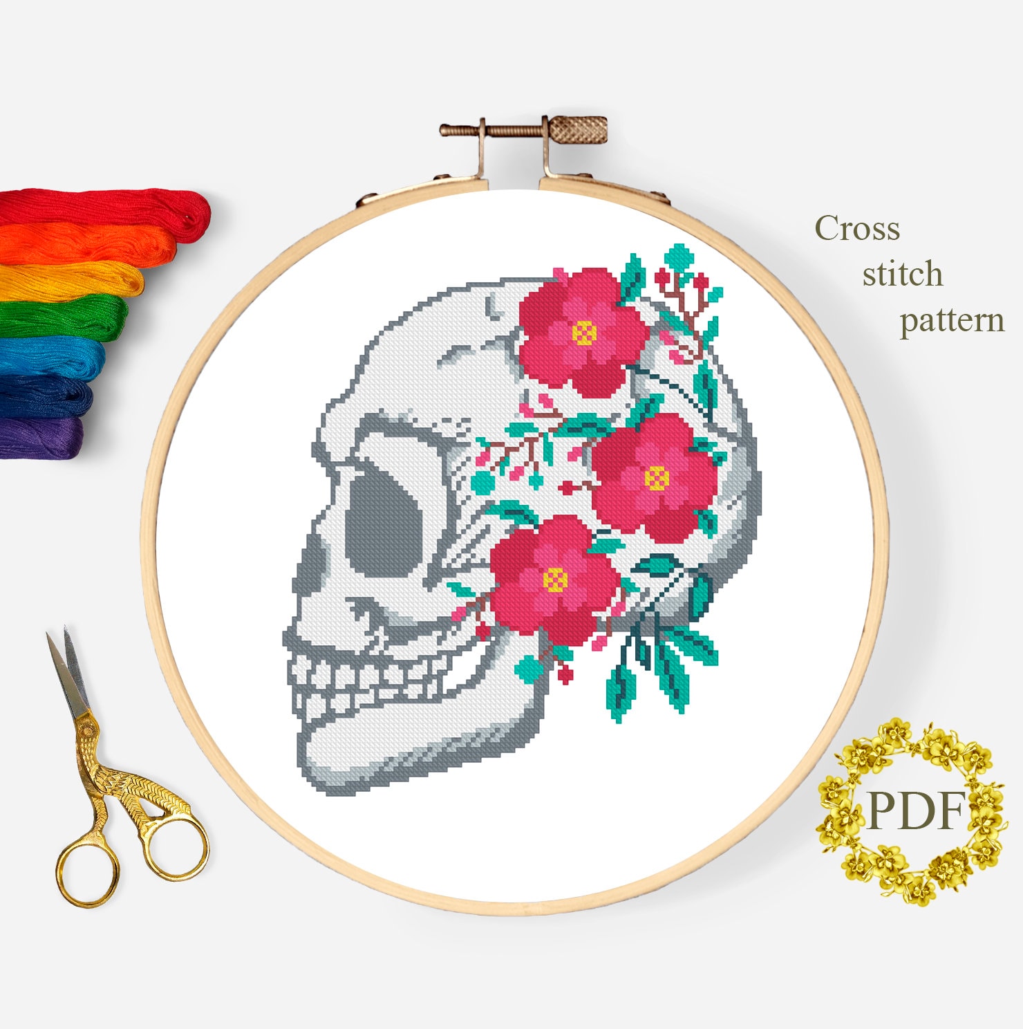 Human Skull Modern Cross Stitch Pattern PDF Floral Anatomy - Etsy