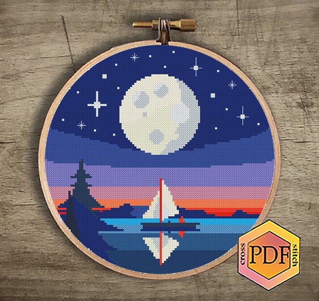 Landscape Modern Cross Stitch Pattern PDF Boat on River | Etsy