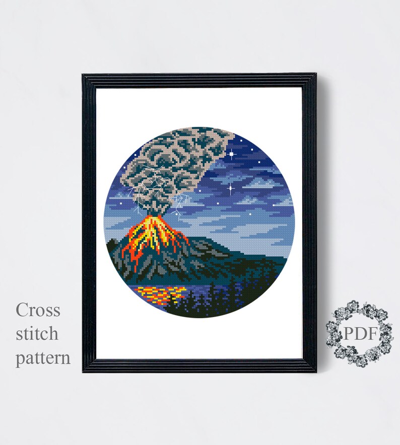 Volcano Eruption Modern Cross Stitch Pattern PDF Mountain | Etsy