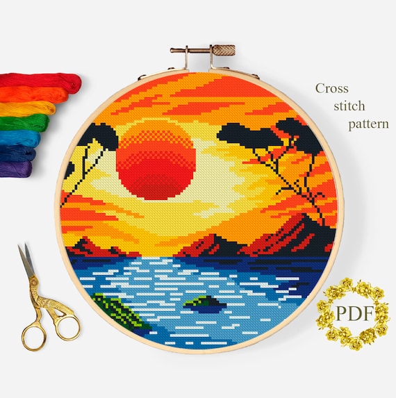 Sunset Modern Cross Stitch Pattern PDF Sea Landscape Counted | Etsy