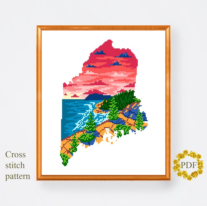 Maine State Map Modern Cross Stitch Pattern PDF, Sea Landscape Counted ...