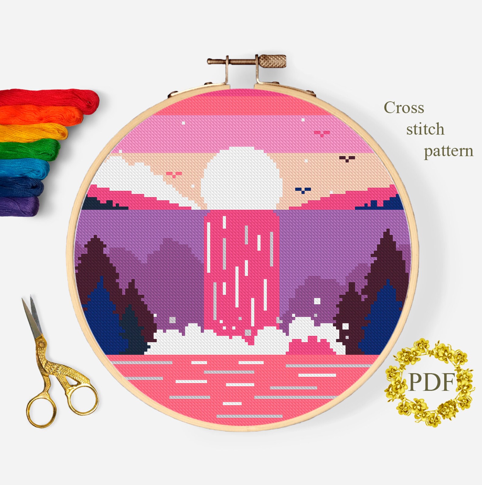 Sunset at River Modern Cross Stitch Pattern PDF, Landscape Counted ...
