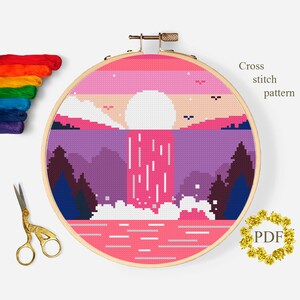 Sunset at River Modern Cross Stitch Pattern PDF, Landscape Counted ...
