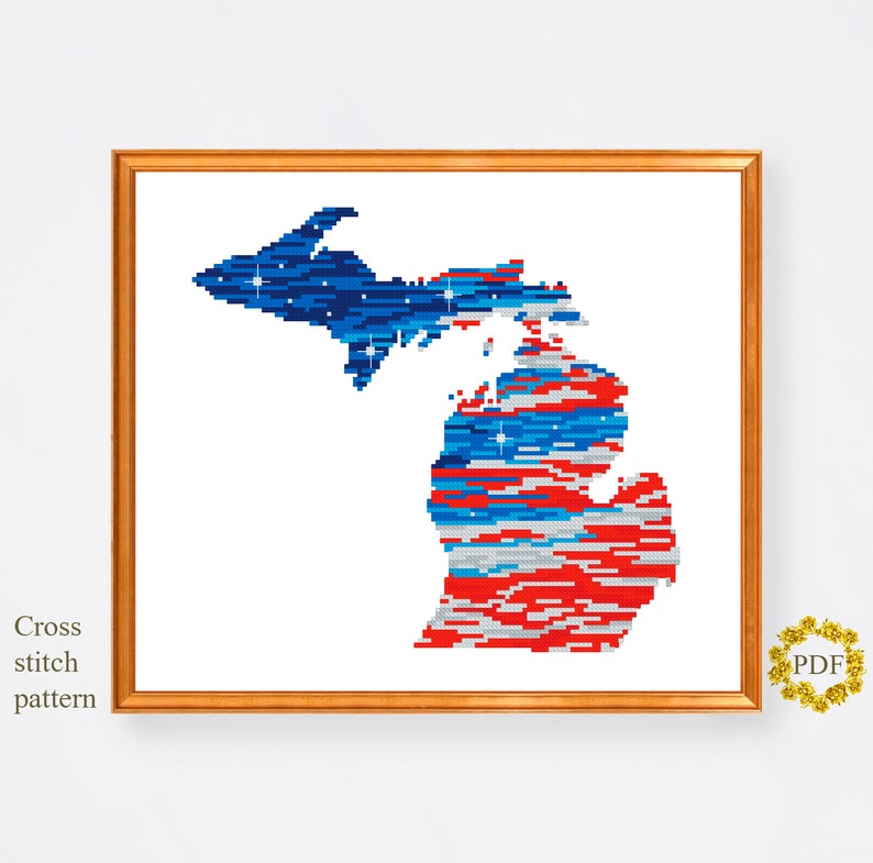 Michigan State Map Modern Cross Stitch Pattern PDF, American Flag ...