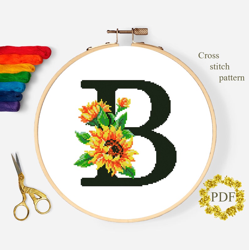 Letter B Modern Cross Stitch Pattern PDF, Monogram Floral Counted Cross ...
